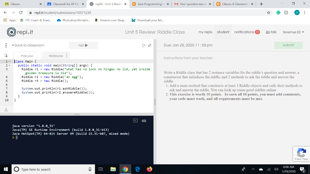 Solved Classes X Classwork for AP CSX replit - Unit 5 Revie | Chegg.com