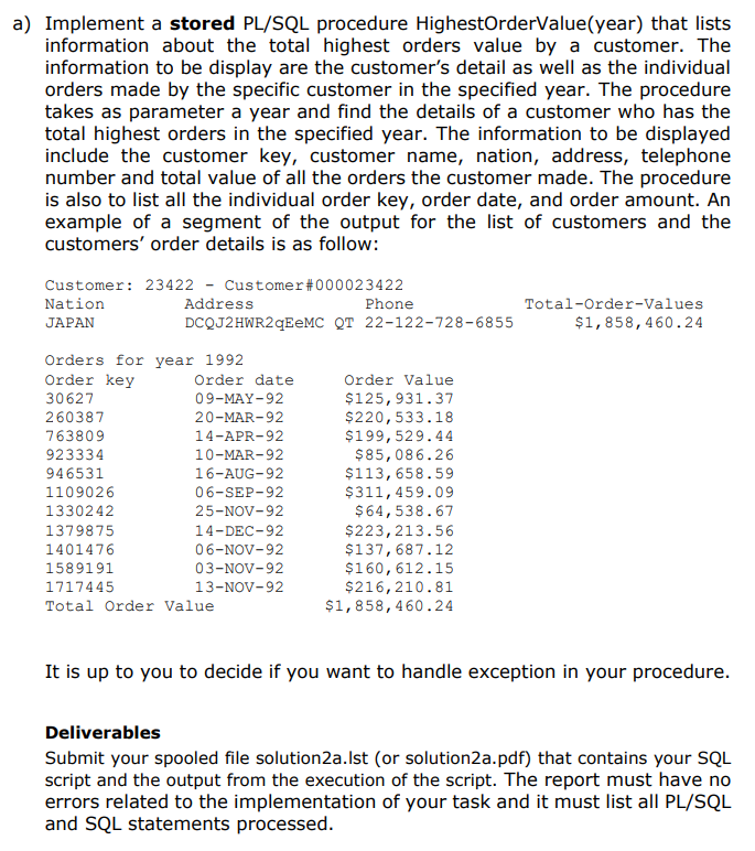 Solved TPC R benchmark databasea) Implement a stored PL/SQL | Chegg.com