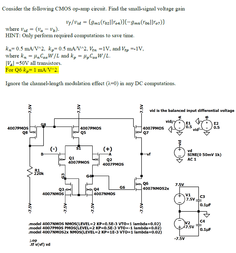 Solved Consider the following CMOS op-amp circuit. Find the | Chegg.com