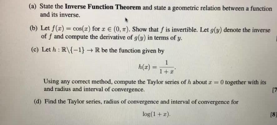 Solved (a) State the Inverse Function Theorem and state a | Chegg.com
