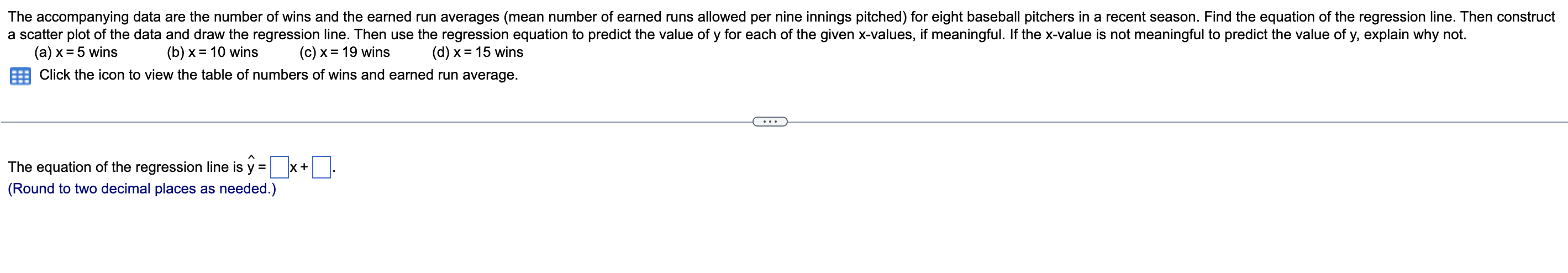 Solved - Х Wins and ERA Wins, x 20 Earned run average, y | Chegg.com