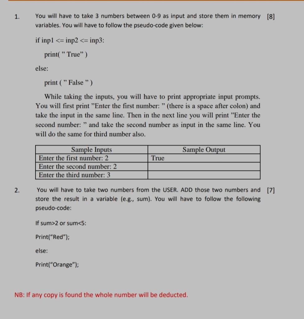 Solved 1. You will have to take 3 numbers between 0-9 as | Chegg.com