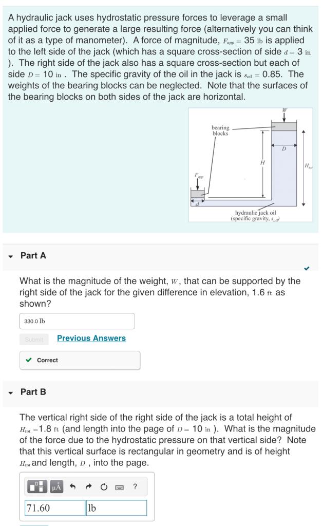 Solved A hydraulic jack uses hydrostatic pressure forces to | Chegg.com