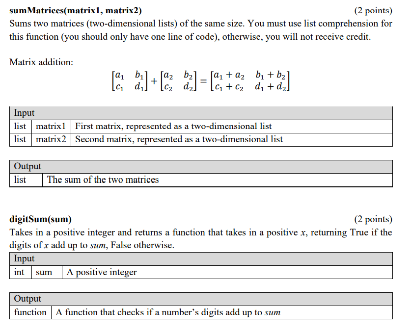 Solved sumMatrices(matrix1, matrix2) (2 points) Sums two | Chegg.com
