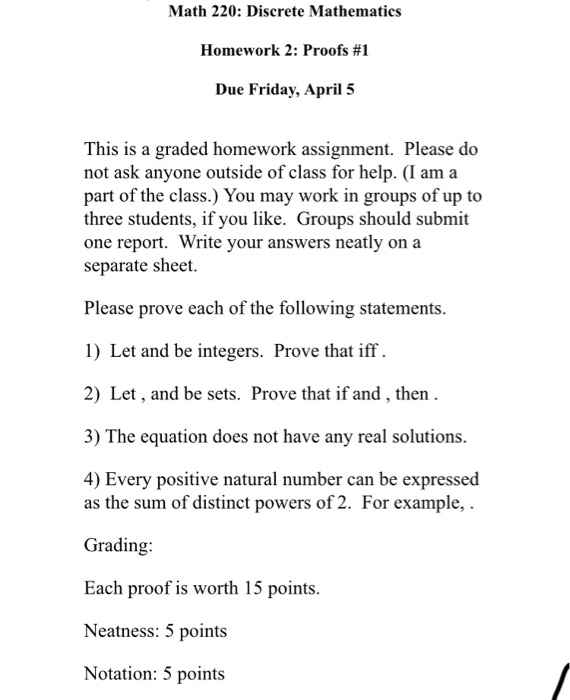 Solved Math 220: Discrete Mathematics Homework 2: Proofs #1 | Chegg.com