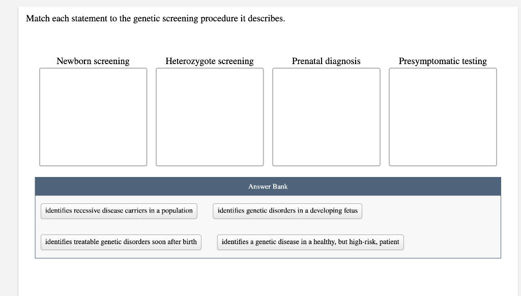 Solved Match each statement to the genetic screening | Chegg.com