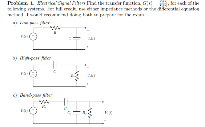 Solved Problem 1. Electrical Signal Filters Find the | Chegg.com