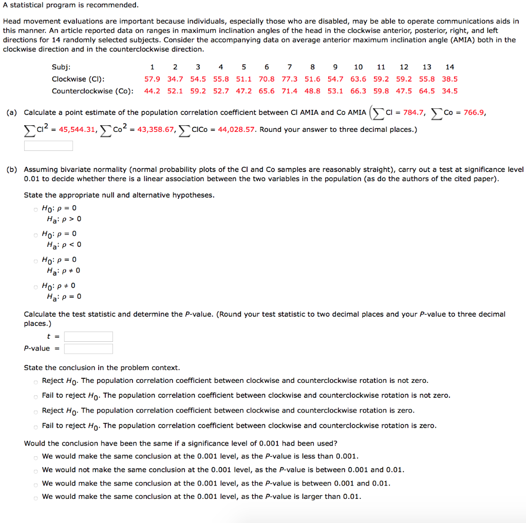 Solved A statistical program is recommended. Head movement | Chegg.com