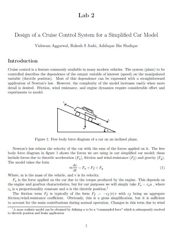 Lab 2 Design of a Cruise Control System for a | Chegg.com