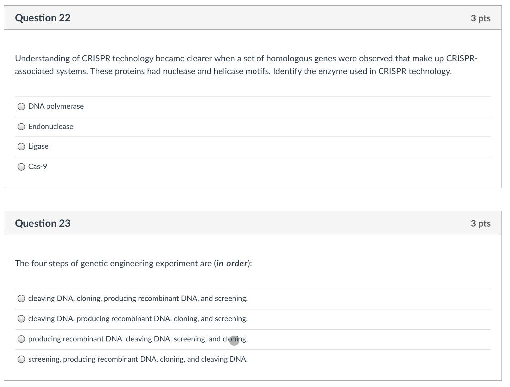 Solved Question 22 3 pts Understanding of CRISPR technology | Chegg.com