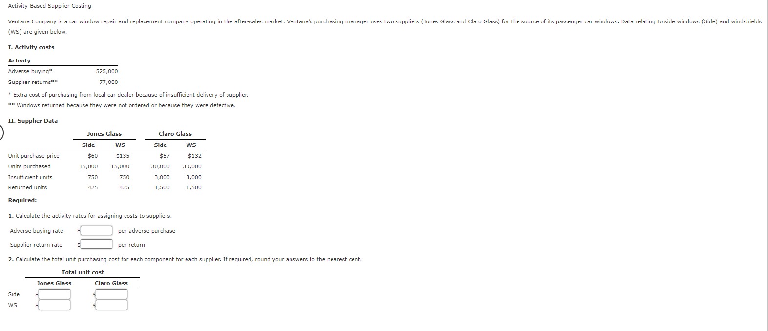 Solved Activity-Based Supplier Costing(WS) ﻿are given | Chegg.com