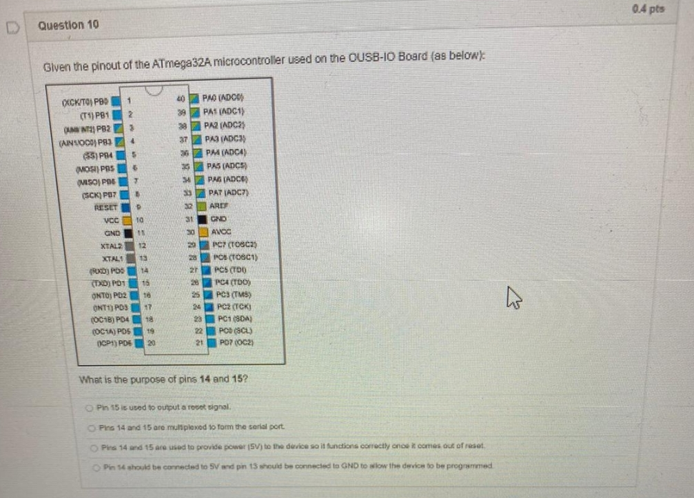 Solved 0.4 pts Question 10 Glven the pinout of the ATmega32A | Chegg.com