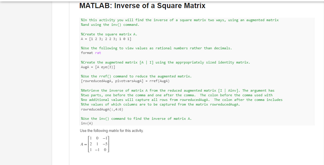 Solved MAILAB: Inverse of a Square Iatrix \%In this activity | Chegg.com