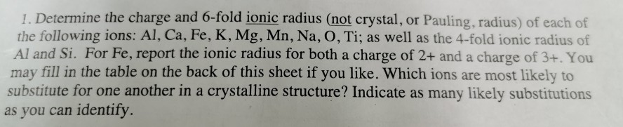 Solved 1. Determine the charge and 6-fold ionic radius (not | Chegg.com