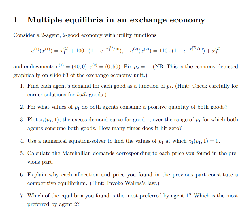 1 ﻿Multiple equilibria in an exchange economyConsider | Chegg.com