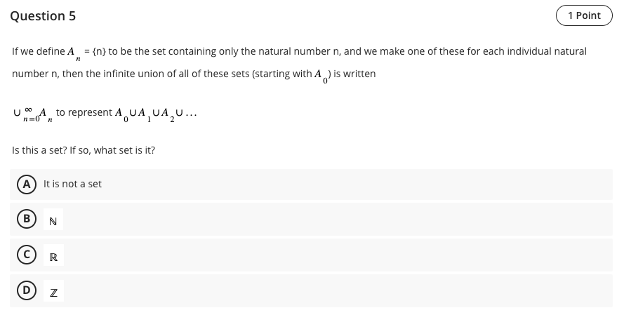 Solved If we define An={n} to be the set containing only the | Chegg.com