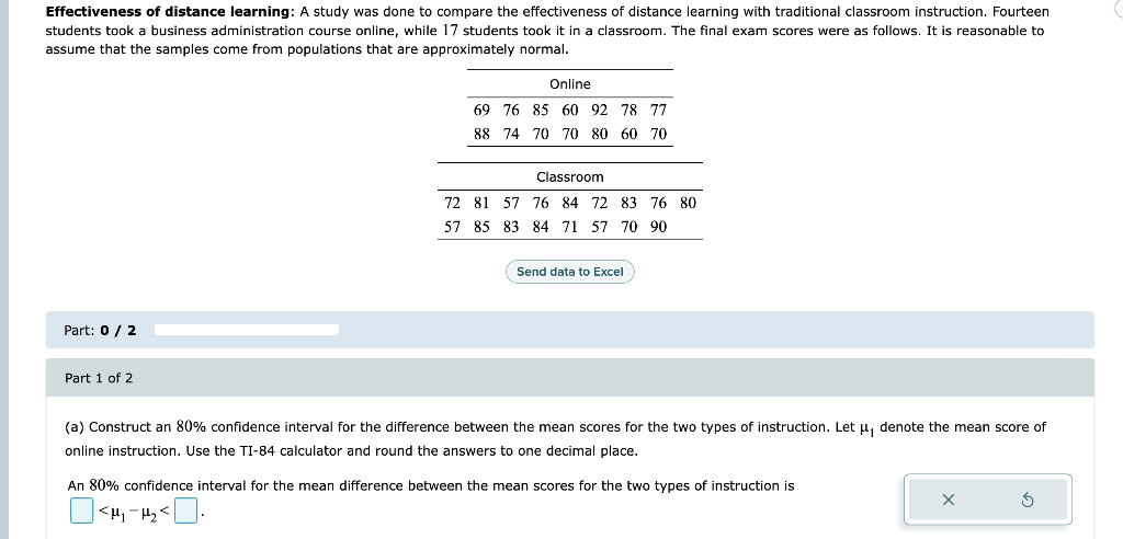 Solved Effectiveness of distance learning: A study was done | Chegg.com