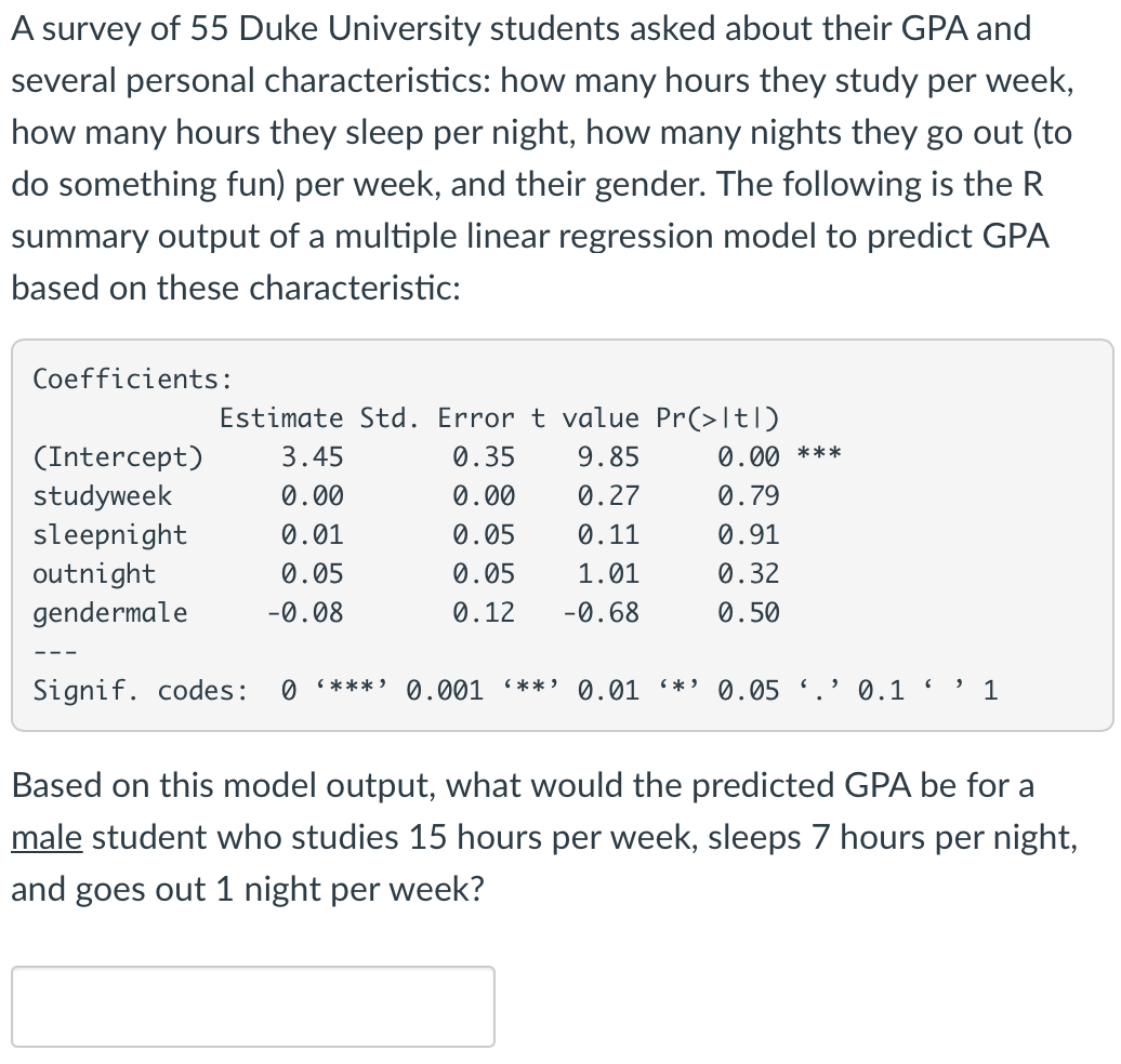 Solved A survey of 55 Duke University students asked about | Chegg.com