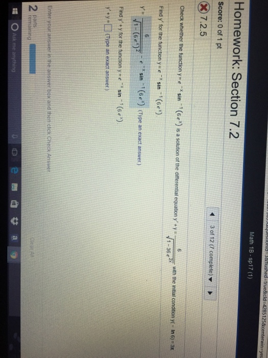 Solved Check whether the function y = e^-x sin^-1 (6 e^x) is | Chegg.com