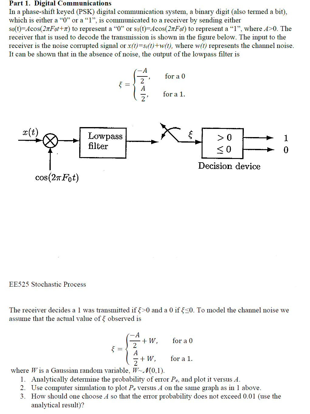 Part 1. Digital Communications In a phase-shift keyed | Chegg.com
