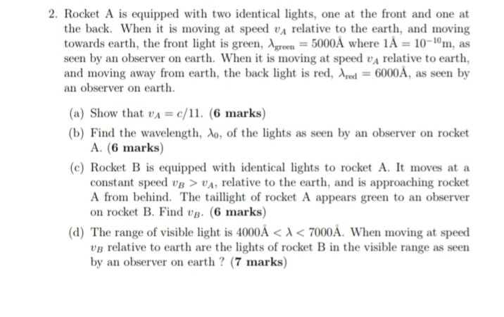 Solved 2. Rocket A is equipped with two identical lights, | Chegg.com