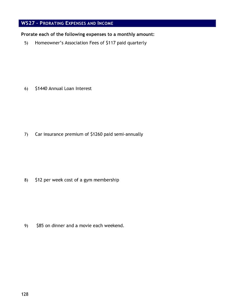 Solved WS27 - PRORATING EXPENSES AND INCOME Name: PRACTICE | Chegg.com