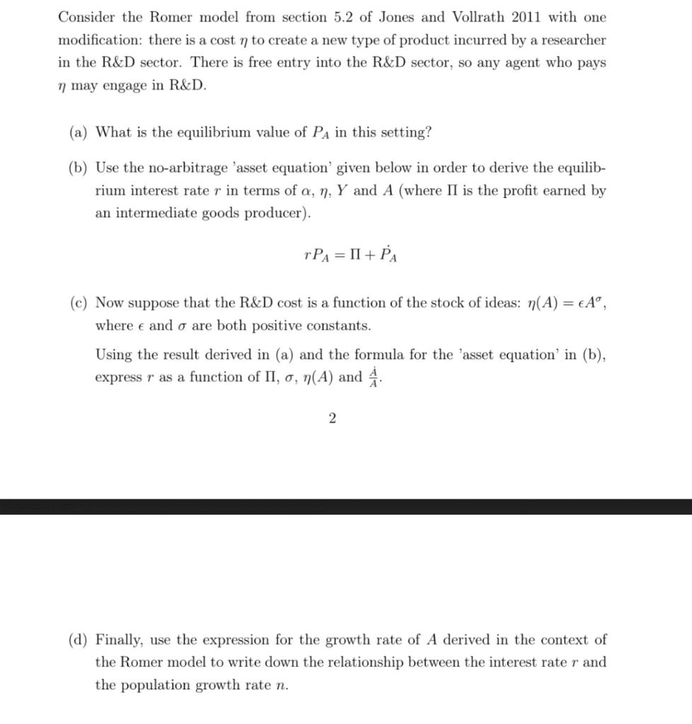 Solved Consider the Romer model from section 5.2 of Jones | Chegg.com