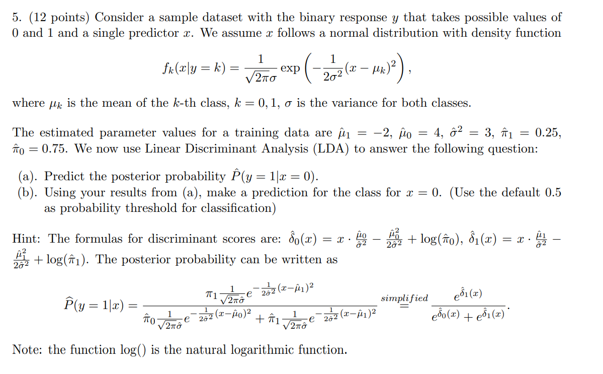 Solved 5. (12 points) Consider a sample dataset with the | Chegg.com
