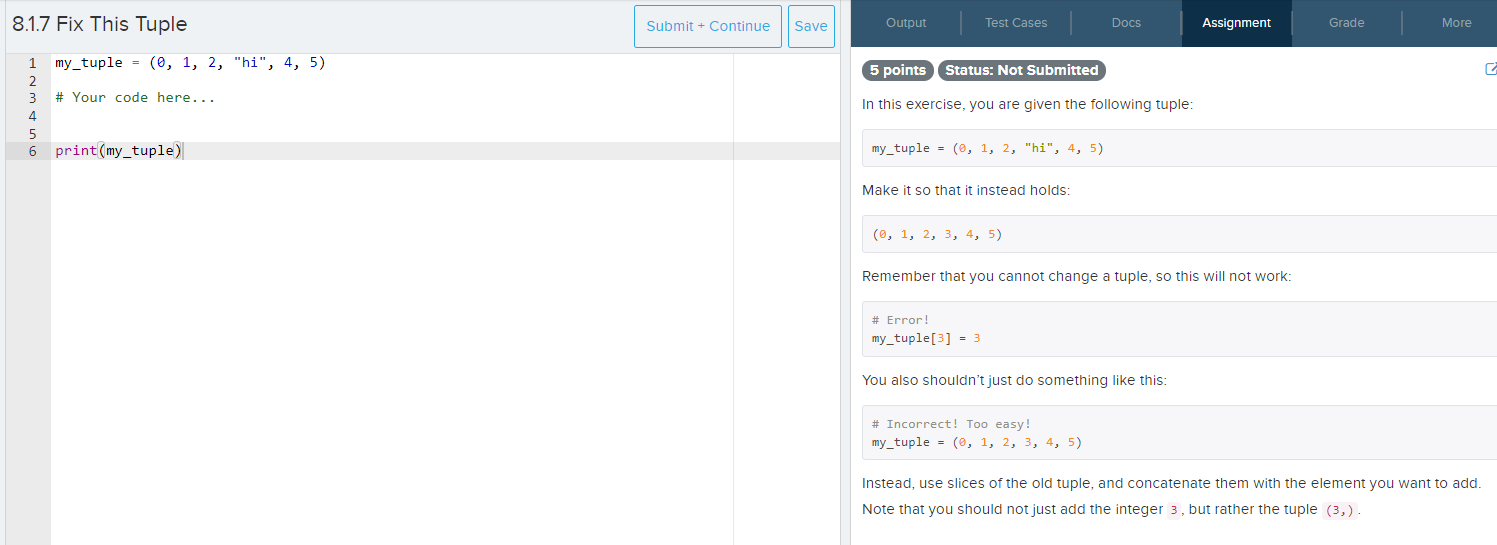 Solved 8.1.7 Fix This Tuple Submit + Continue Save Output | Chegg.com