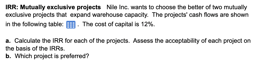 Solved IRR: Mutually exclusive projects Nile Inc. wants to | Chegg.com Solved IRR: Mutually exclusive projects Nile Inc. wants to | Chegg.com
