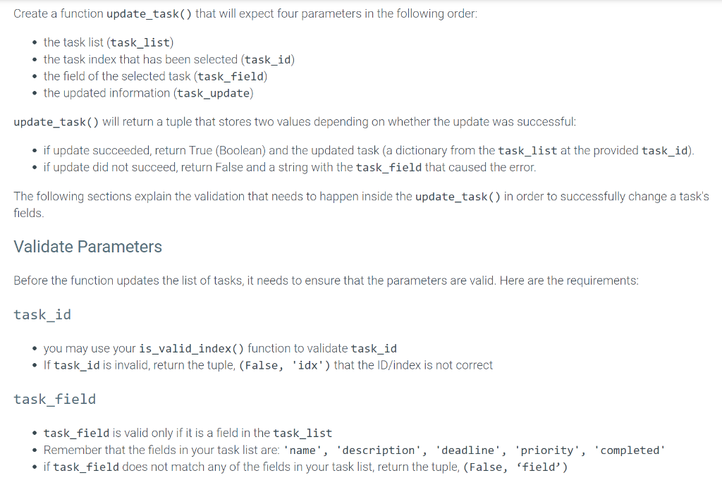 Solved Create a function update_task() that will expect four | Chegg.com