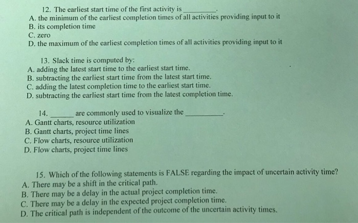 Solved 12. The earliest start time of the first activity is | Chegg.com