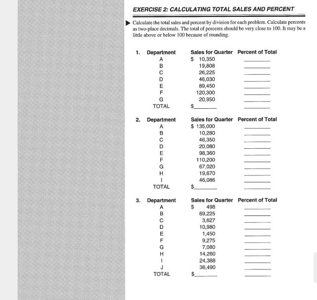 Solved EXERCISE 2: CALCULATING TOTAL SALES AND PERCENT | Chegg.com