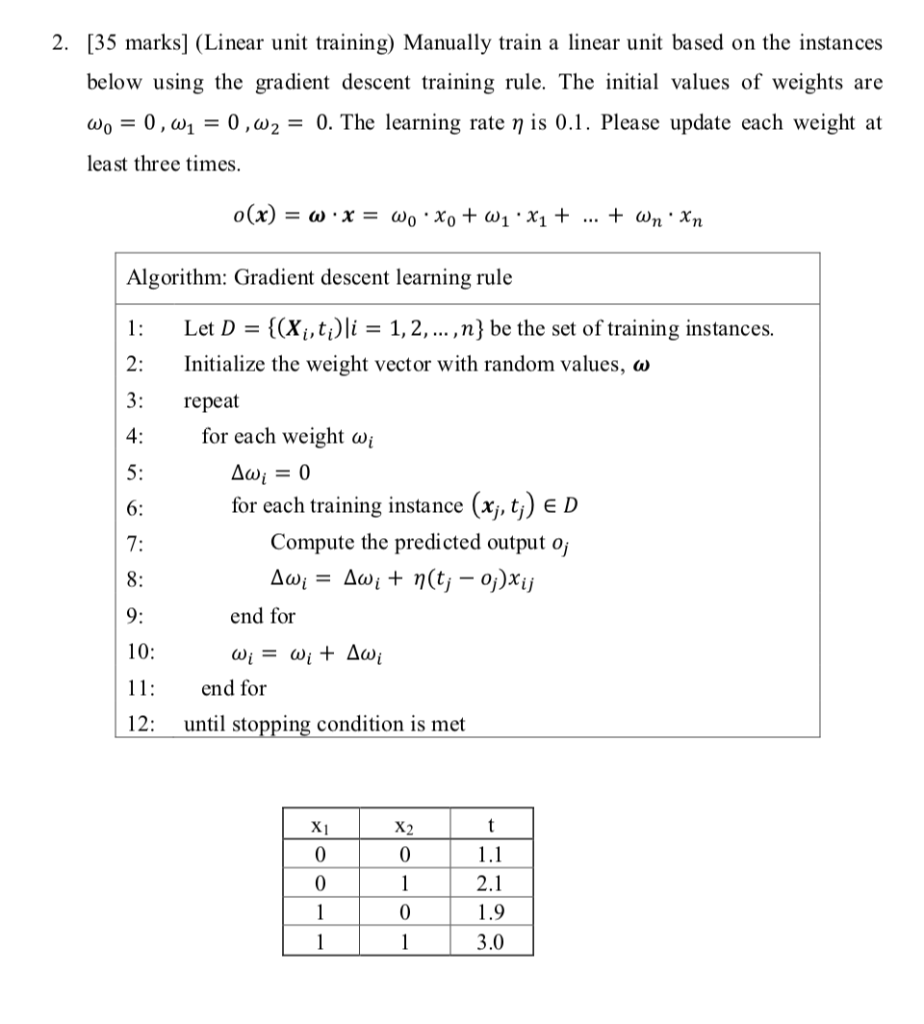 2. [35 marks] (Linear unit training) Manually train a | Chegg.com