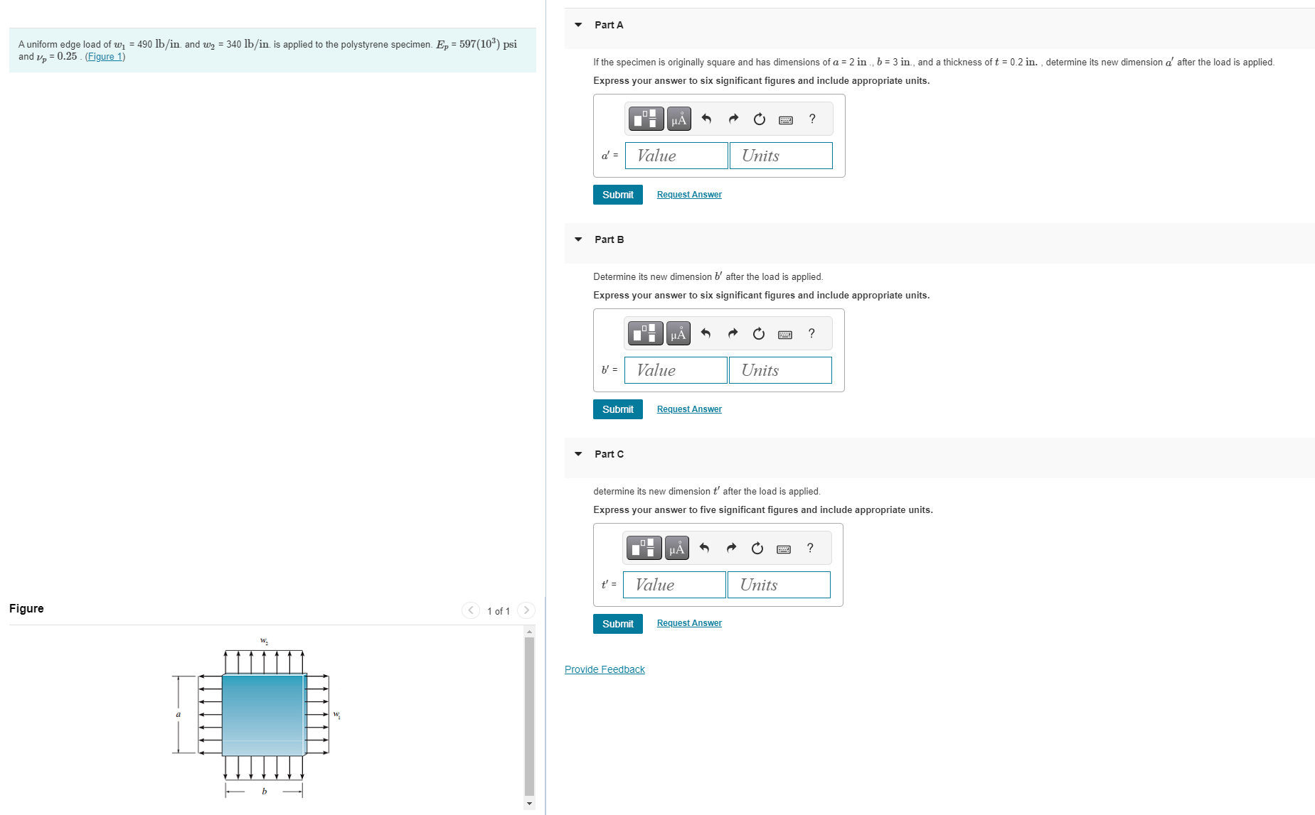 Solved A uniform edge load of w1 = 490 lb/in . and w2 = 340 | Chegg.com