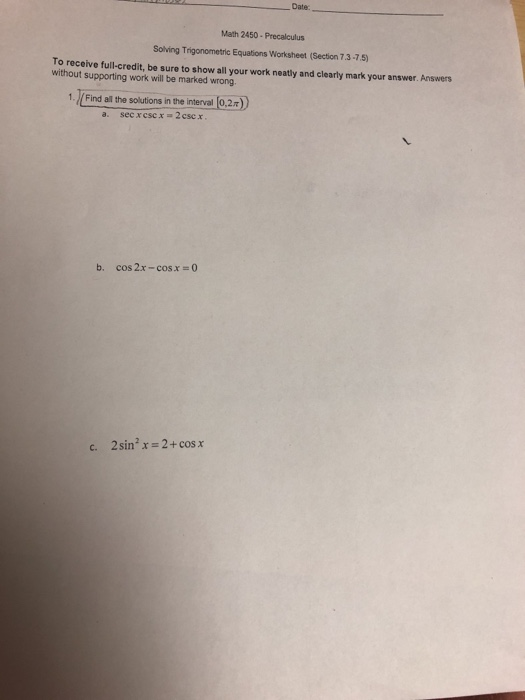 Solved Date Math 2450-Precalculus Solving Trigonometric | Chegg.com