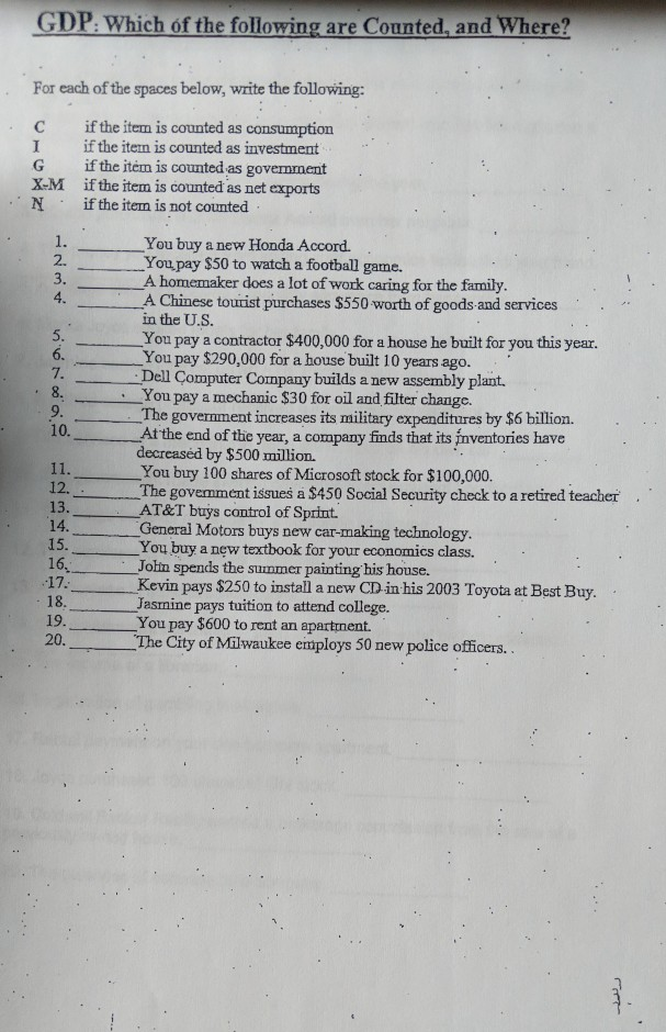 Solved GDP Which of the following are Counted, and Where? | Chegg.com