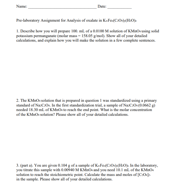 Solved Name: Date: Pre-laboratory Assignment for Analysis of | Chegg.com