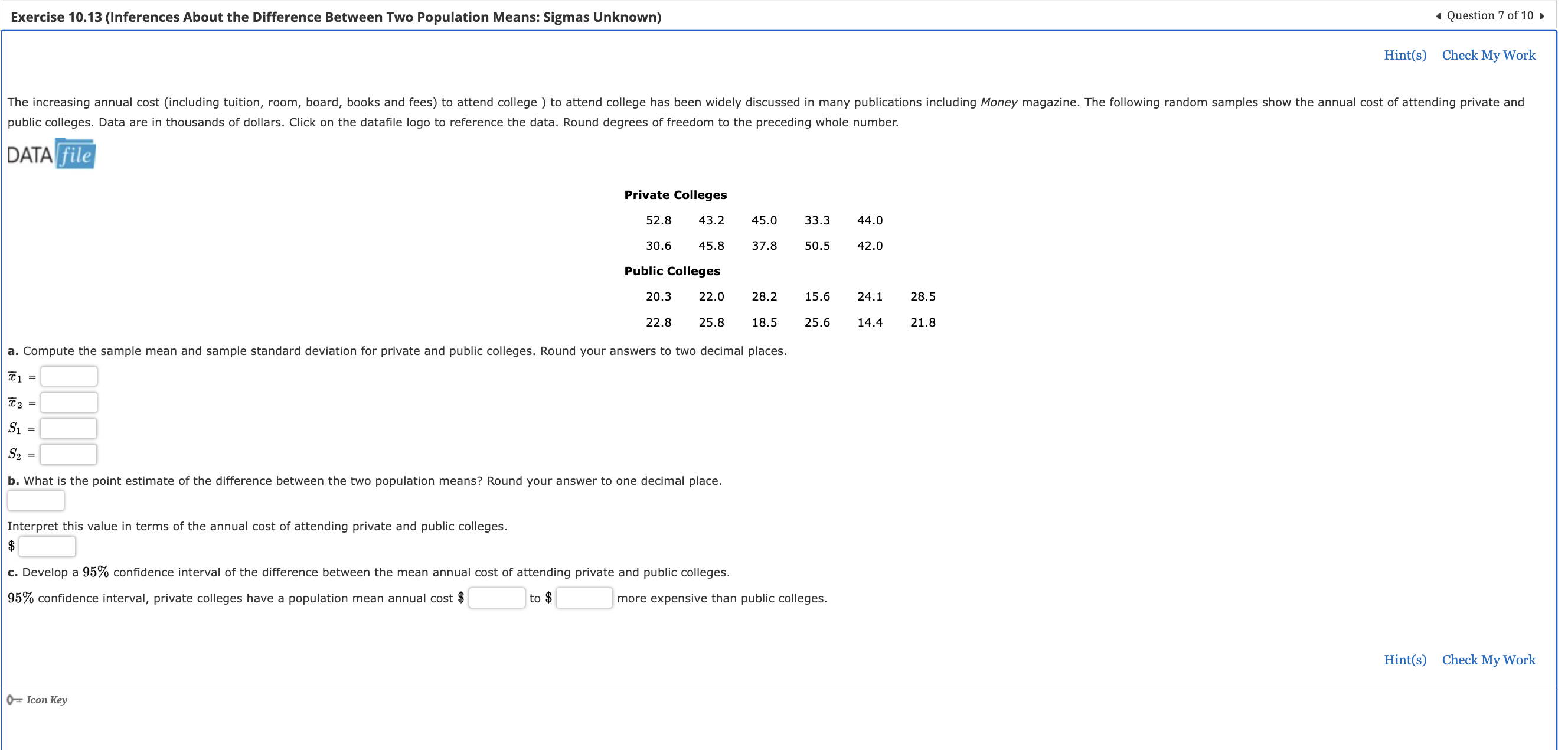 Solved Hint(s) Check My Work public colleges. Data are in | Chegg.com