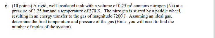 Solved (10 points) A rigid, well-insulated tank with a | Chegg.com