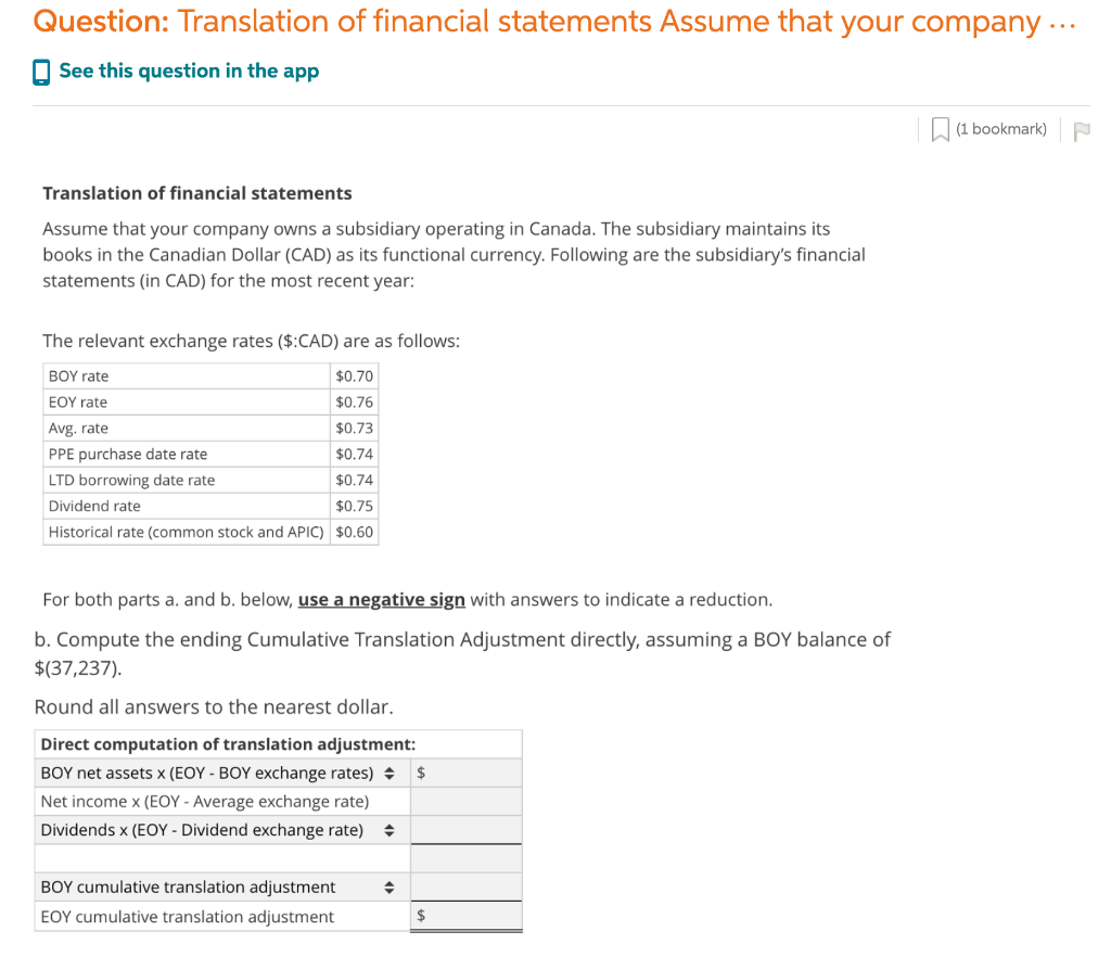 Solved Question: Translation of financial statements Assume | Chegg.com