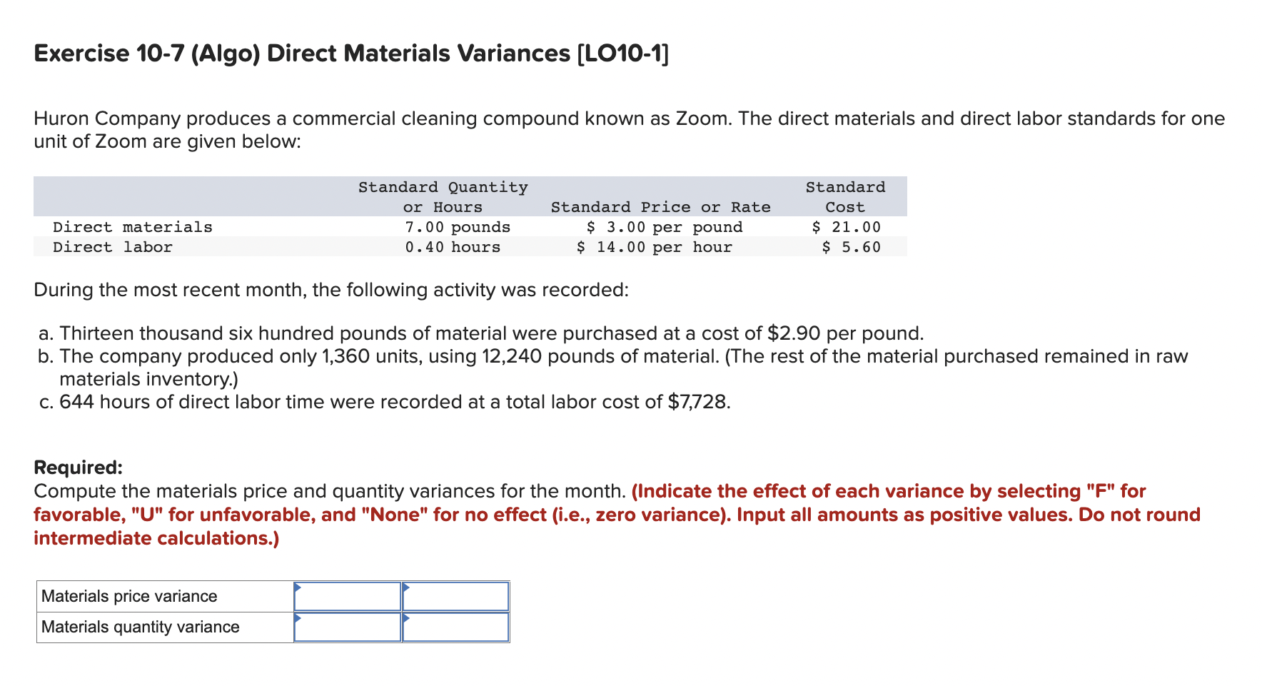 Solved Exercise 10-7 (Algo) Direct Materials Variances | Chegg.com