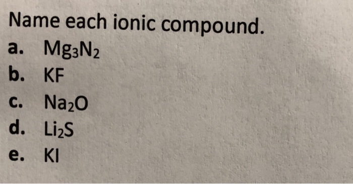 Solved Name each ionic compound. a. Mg3N2 b. KF C. Na20 d. | Chegg.com