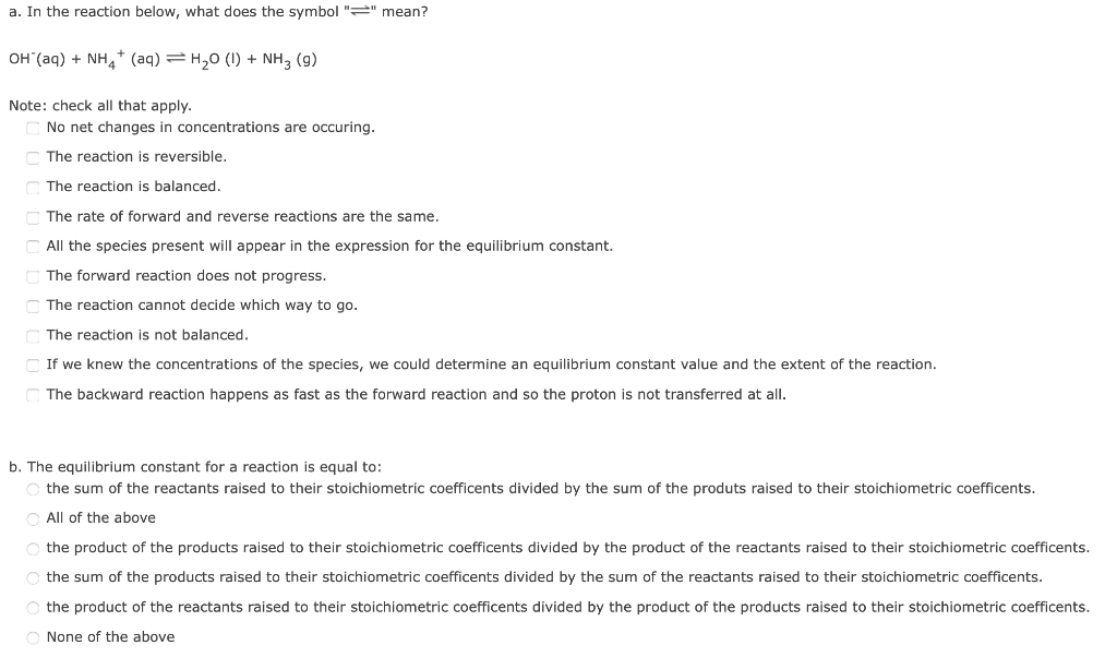 Solved a. In the reaction below, what does the symbol " ⇌ " | Chegg.com
