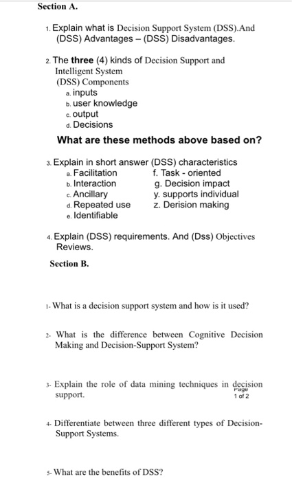 Solved: Section A 1. Explain what is Decision Support Syst Solved: Section A 1. Explain what is Decision Support Syst