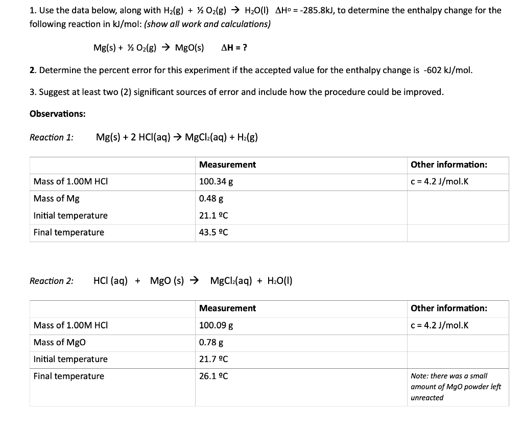 Solved 1. Use the data below, along with Hz(g) + 12 Oz(g) → | Chegg.com