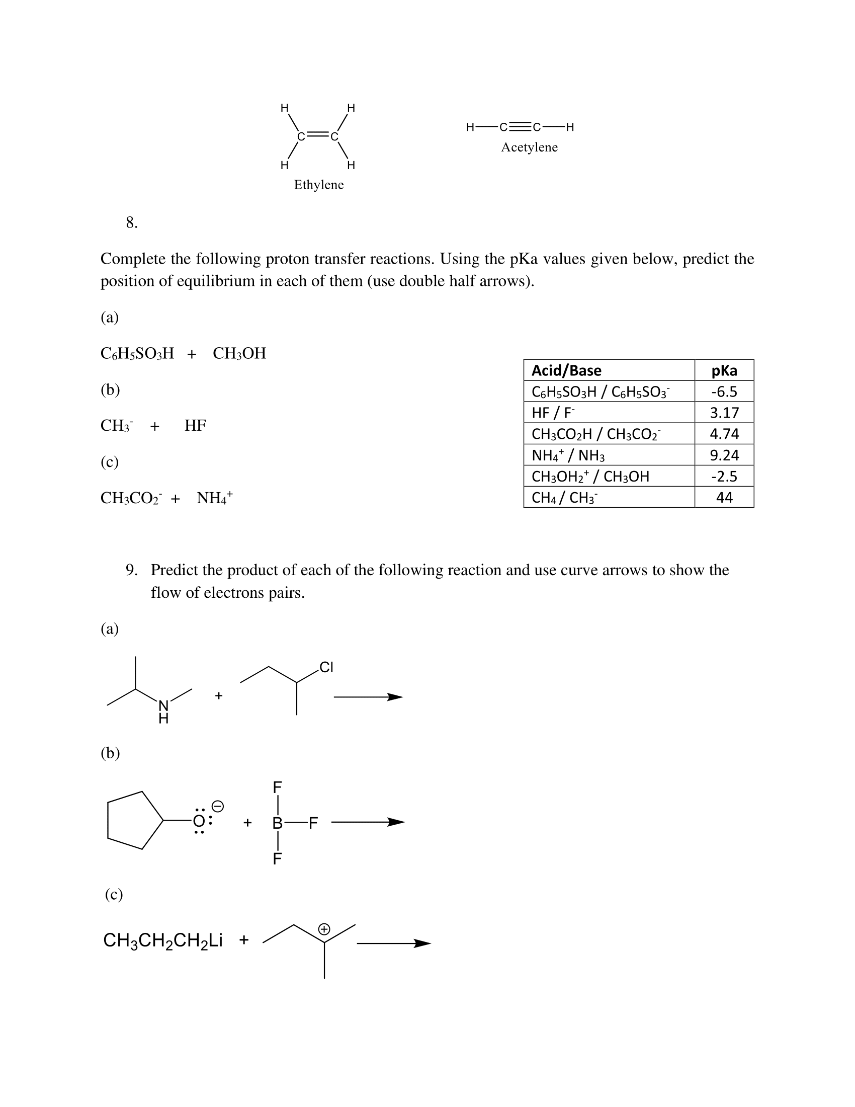 Solved 8 .Complete the following proton transfer reactions. | Chegg.com