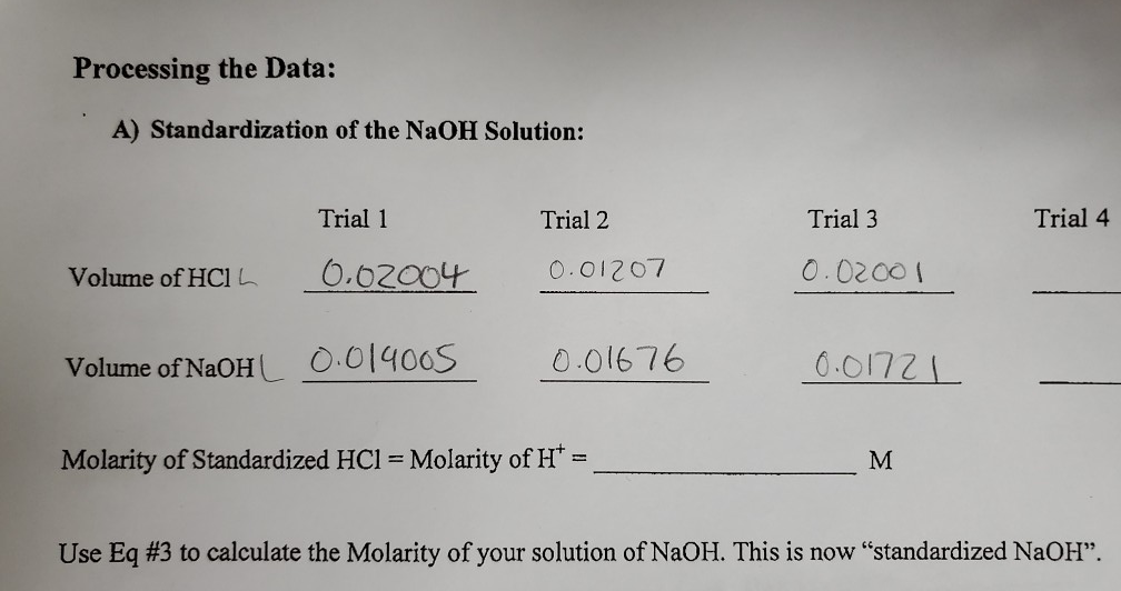 Solved Processing the Data: A) Standardization of the NaOH | Chegg.com