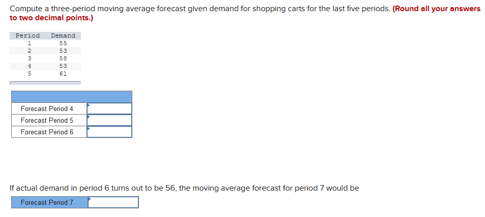 Solved Compute a three-period moving average forecast given | Chegg.com