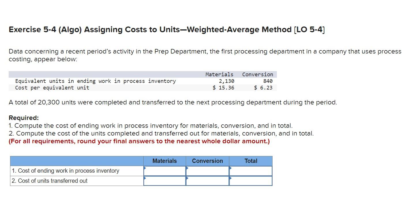 Solved Exercise 5-4 (Algo) Assigning Costs to | Chegg.com